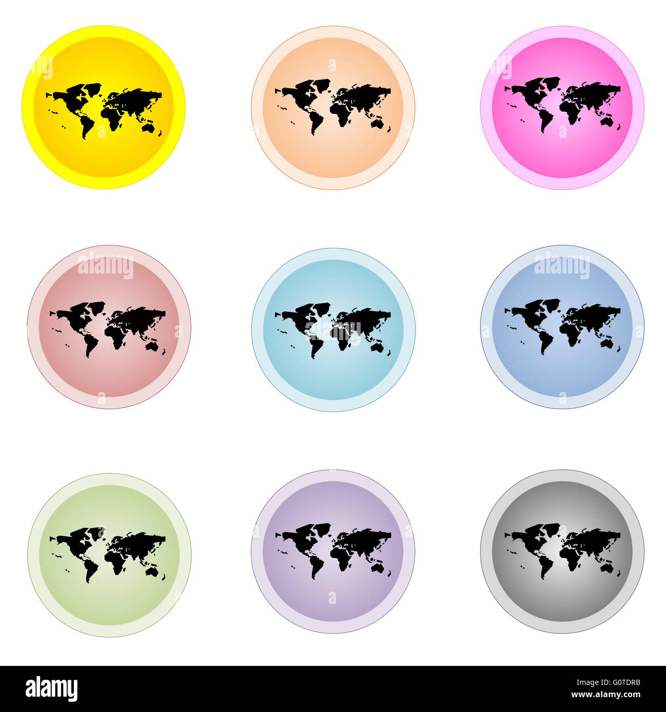 Set of nine colorful buttons with worldmap isolated in white background ...