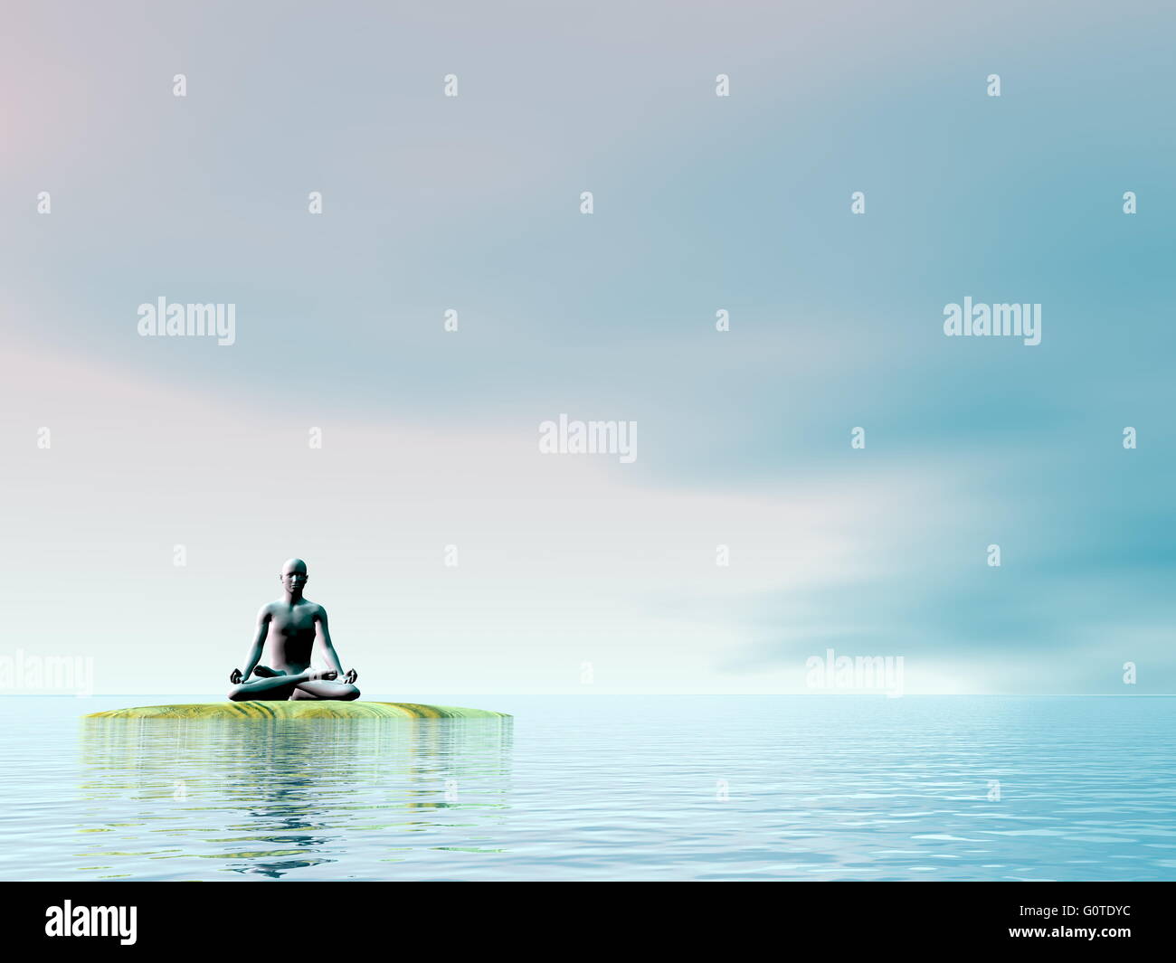 Meditation on an island upon the ocean by day - 3D render Stock Photo ...