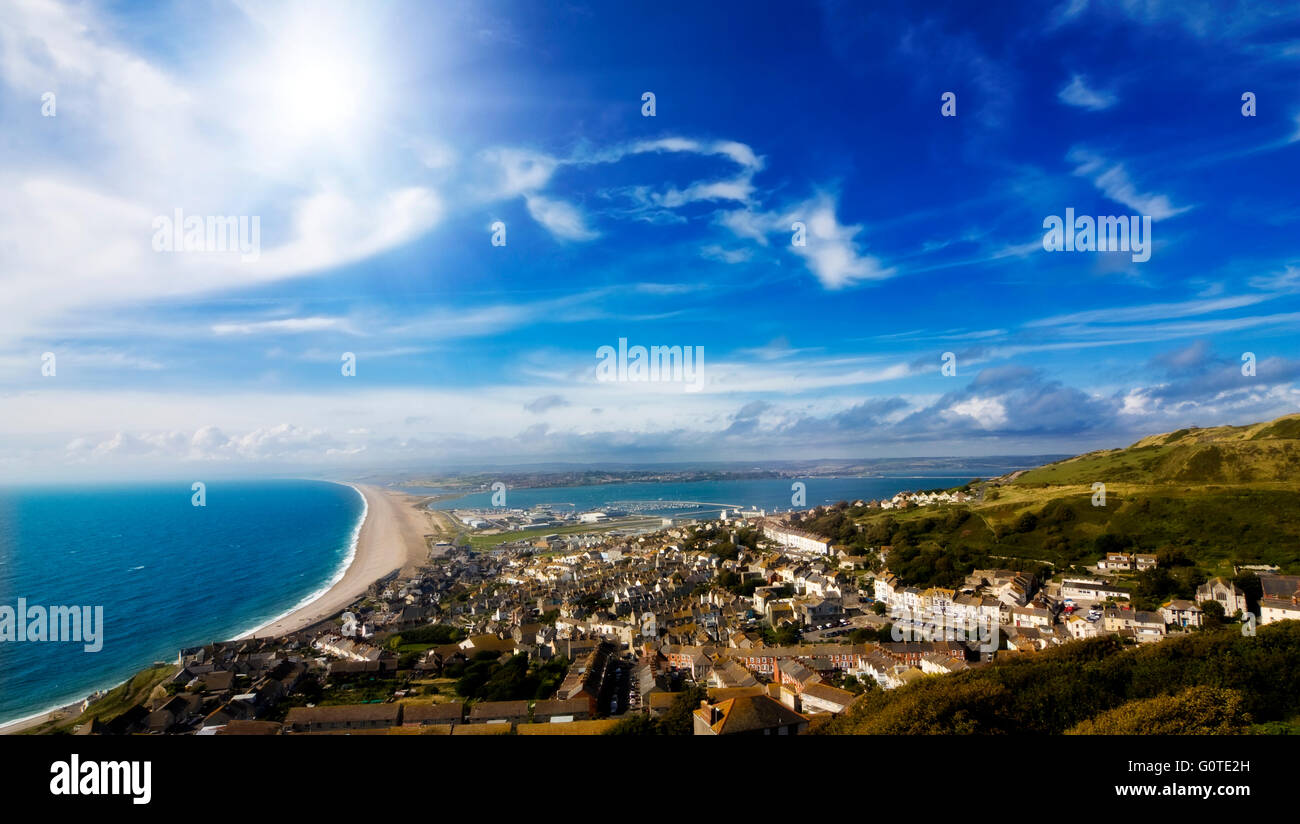 View over British seaside town and coastline Stock Photo - Alamy
