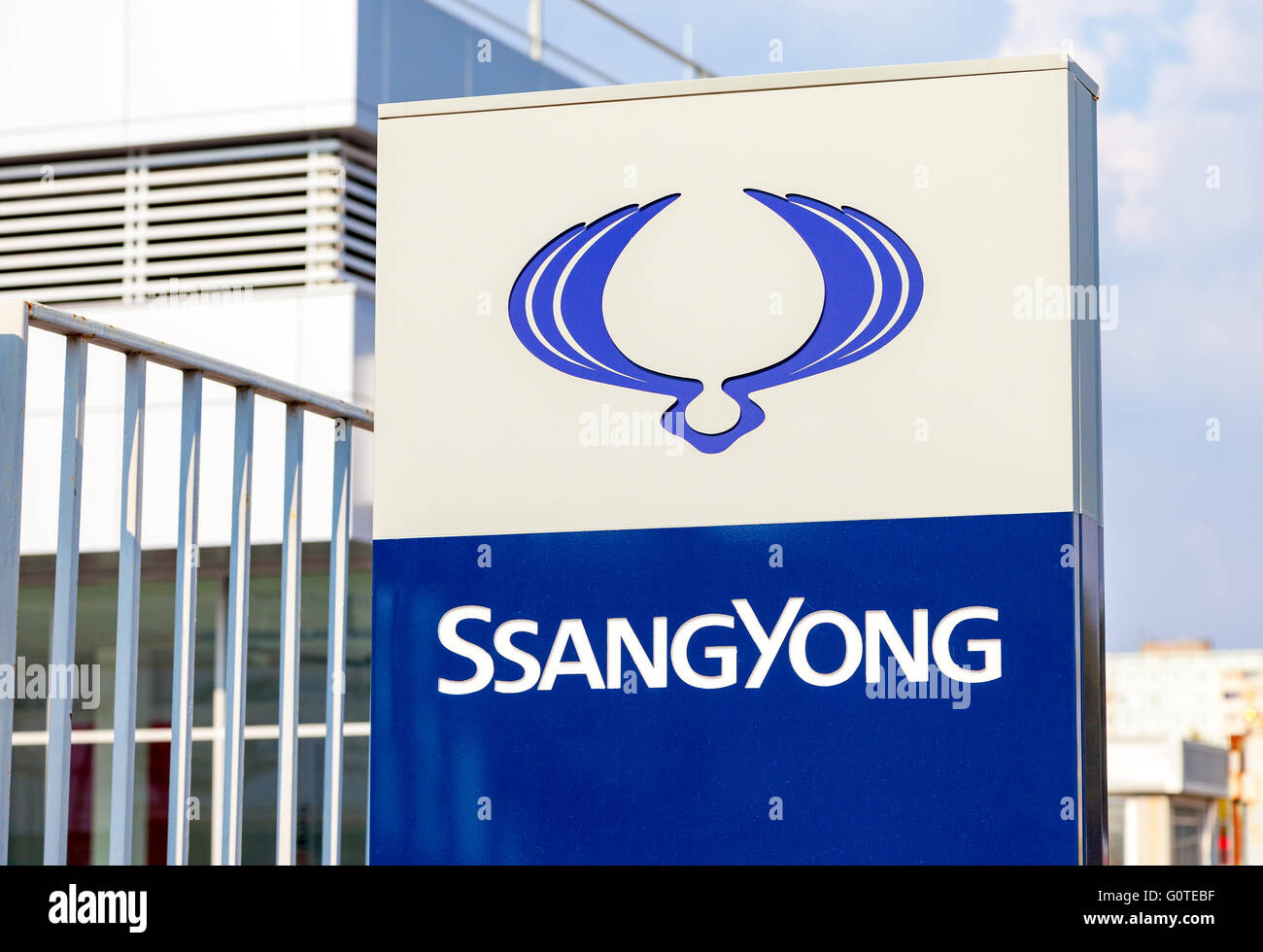 Dealership sign of official dealer SsangYong Motor Company automobile ...