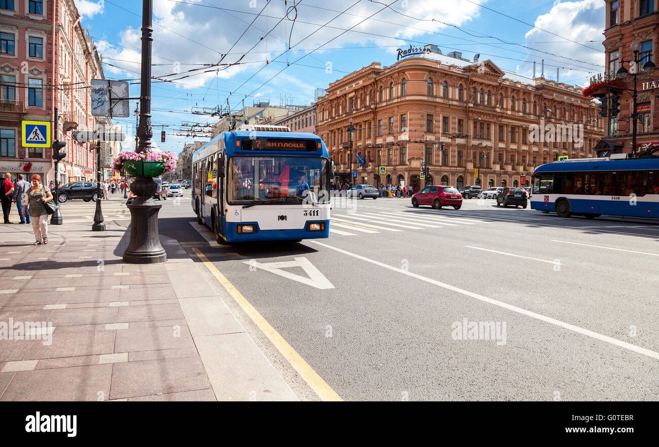 Passenger bus run on dedicated bus lanes on the Nevsky Prospect in ...