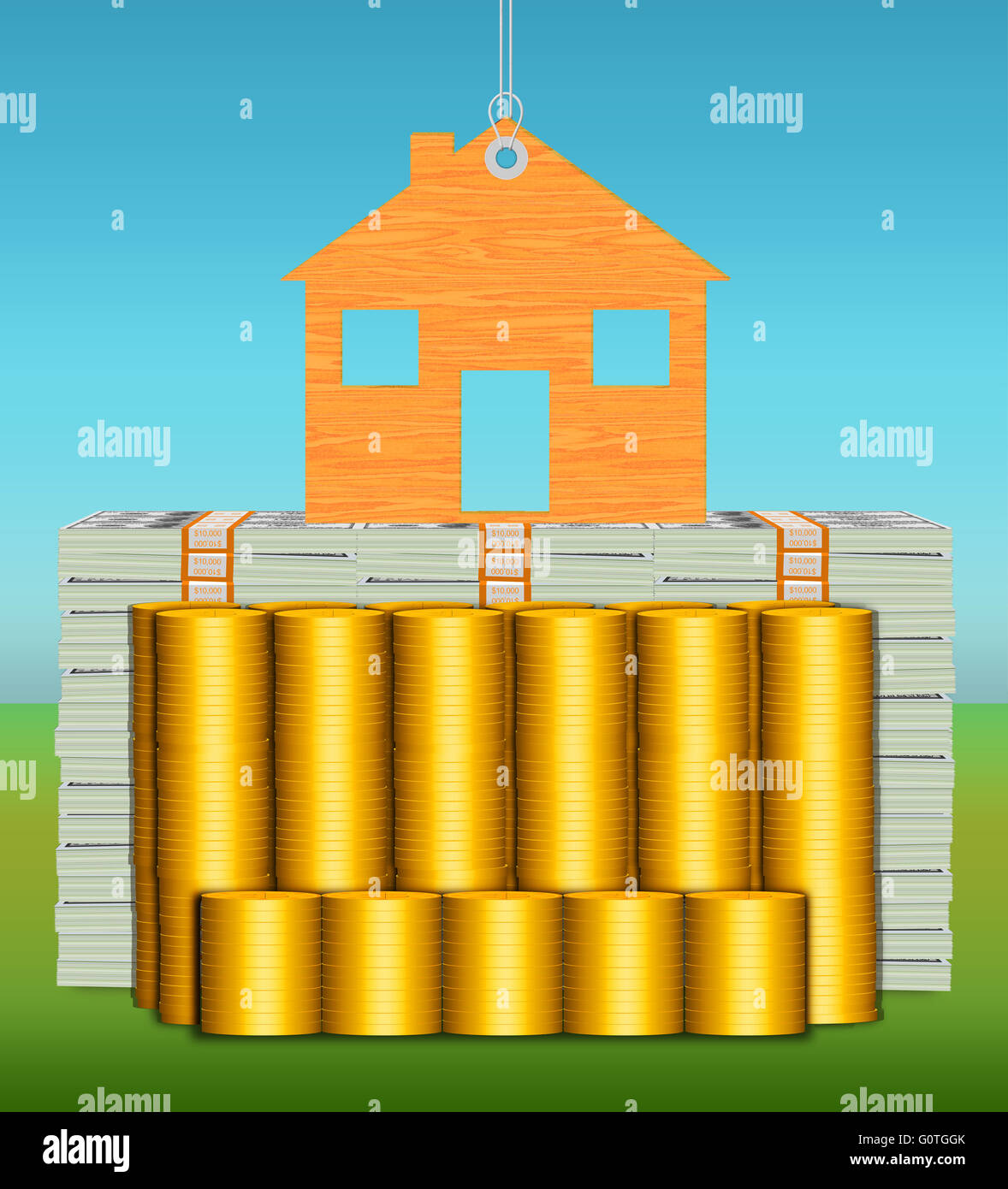 House on hang tag resting on stacks of cash and gold Stock Photo - Alamy