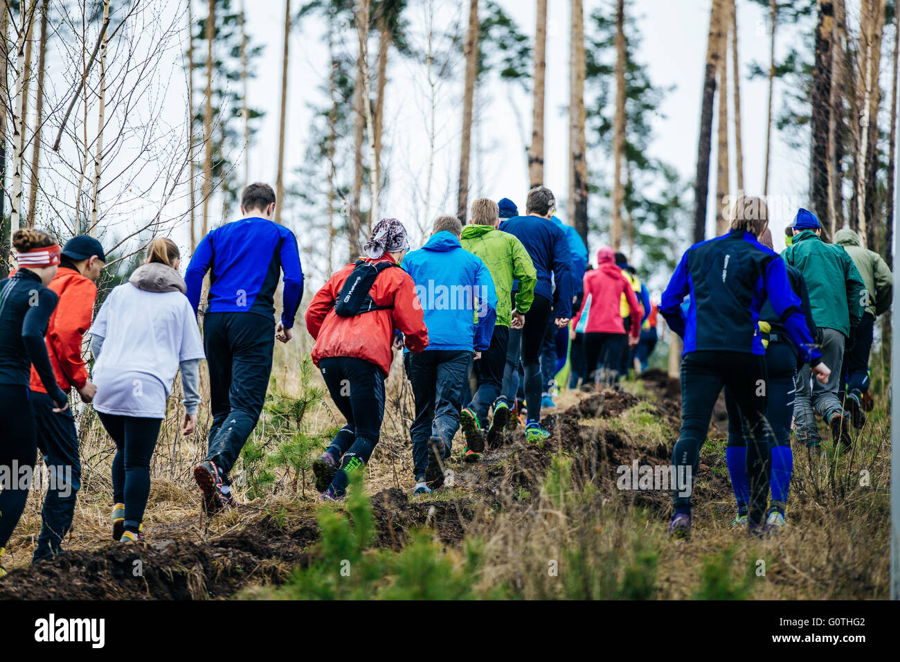 large group of athletes runners running uphill in woods during a ...