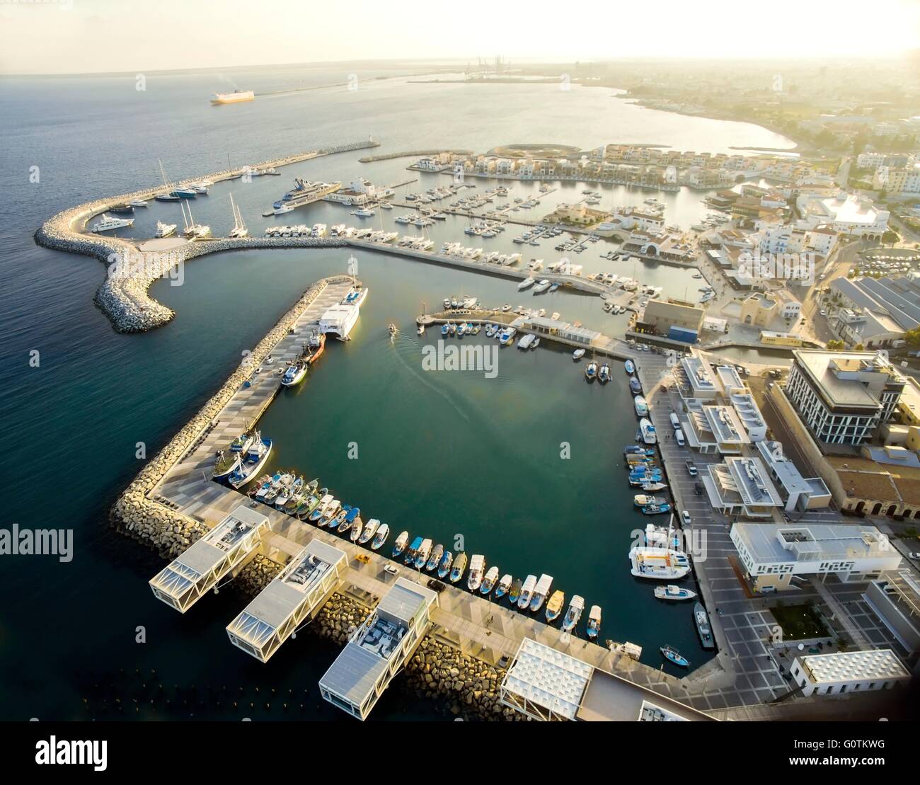 Aerial view of fishing boats docked at the Limassol old port (palio ...