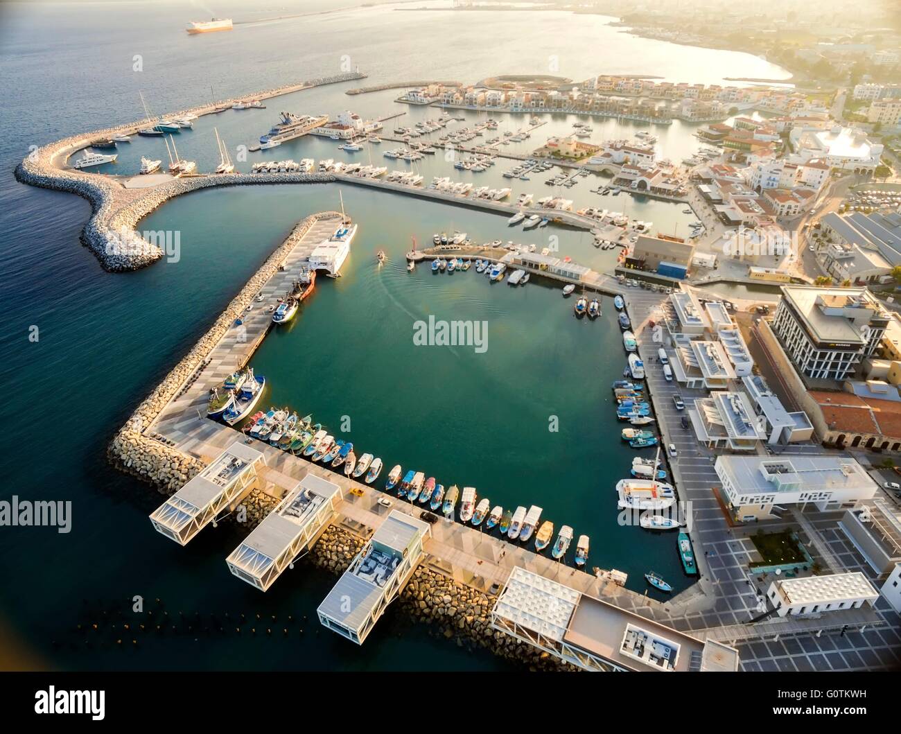 Aerial view of fishing boats docked at the Limassol old port (palio ...