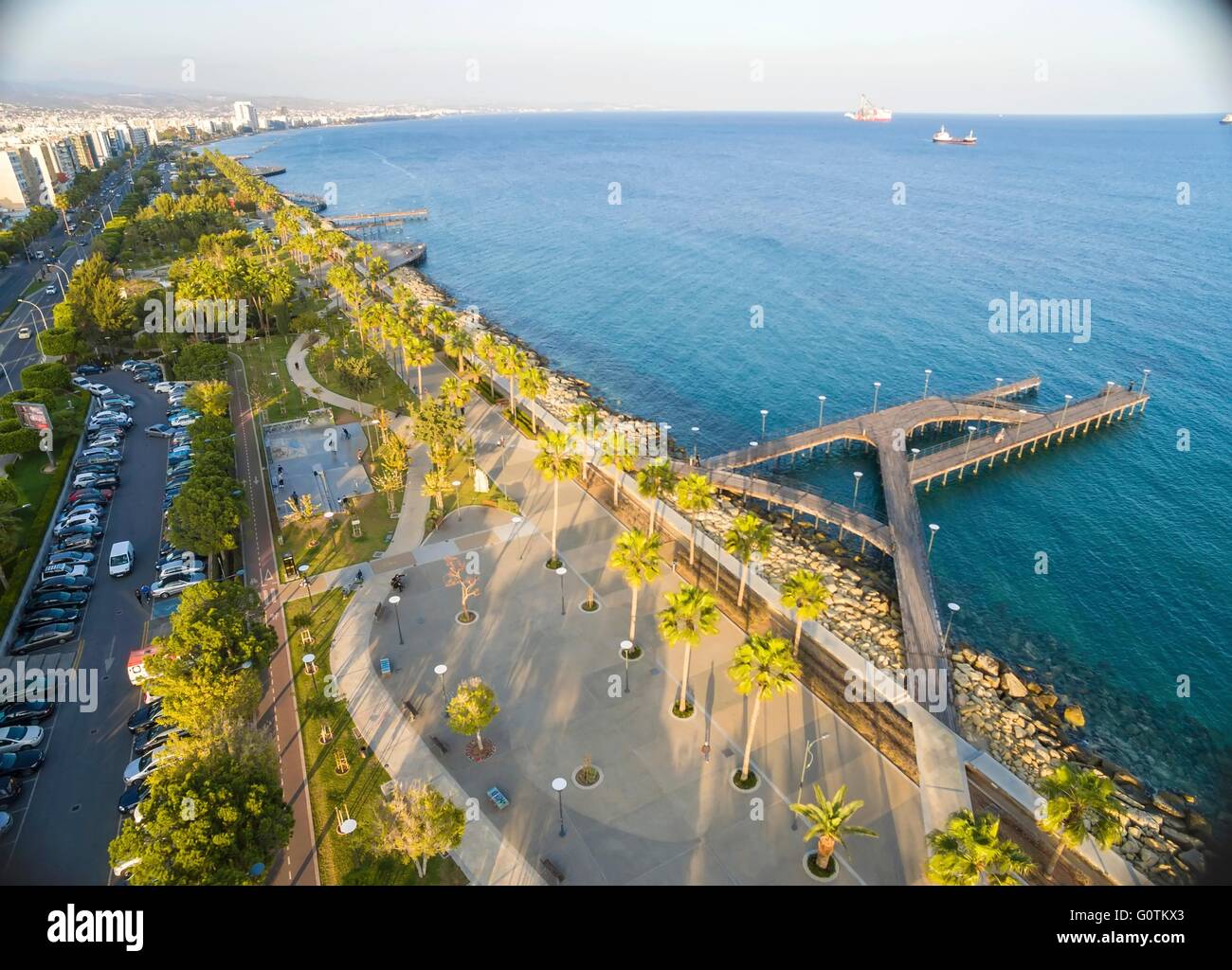 Aerial view of Molos Promenade on the coast of Limassol city in Cyprus ...