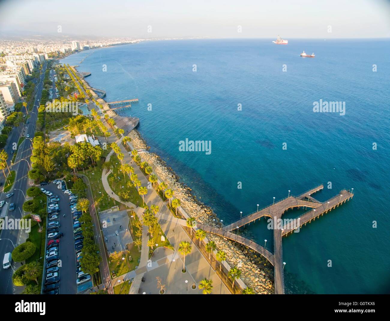 Aerial view of Molos Promenade on the coast of Limassol city in Cyprus ...