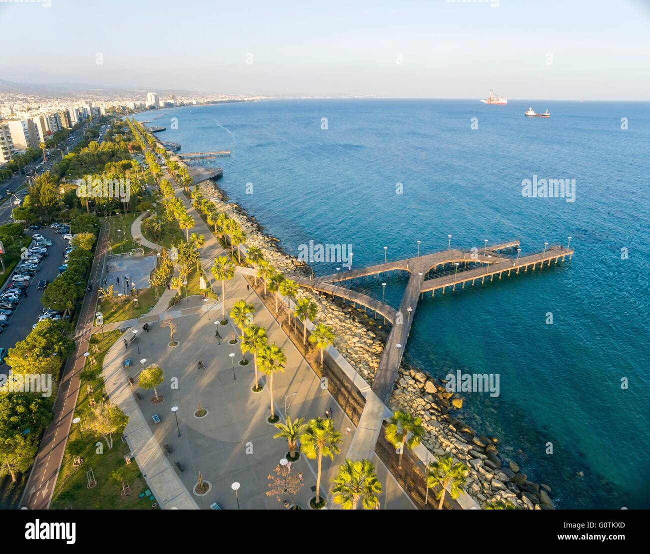 Aerial view of Molos Promenade on the coast of Limassol city in Cyprus ...