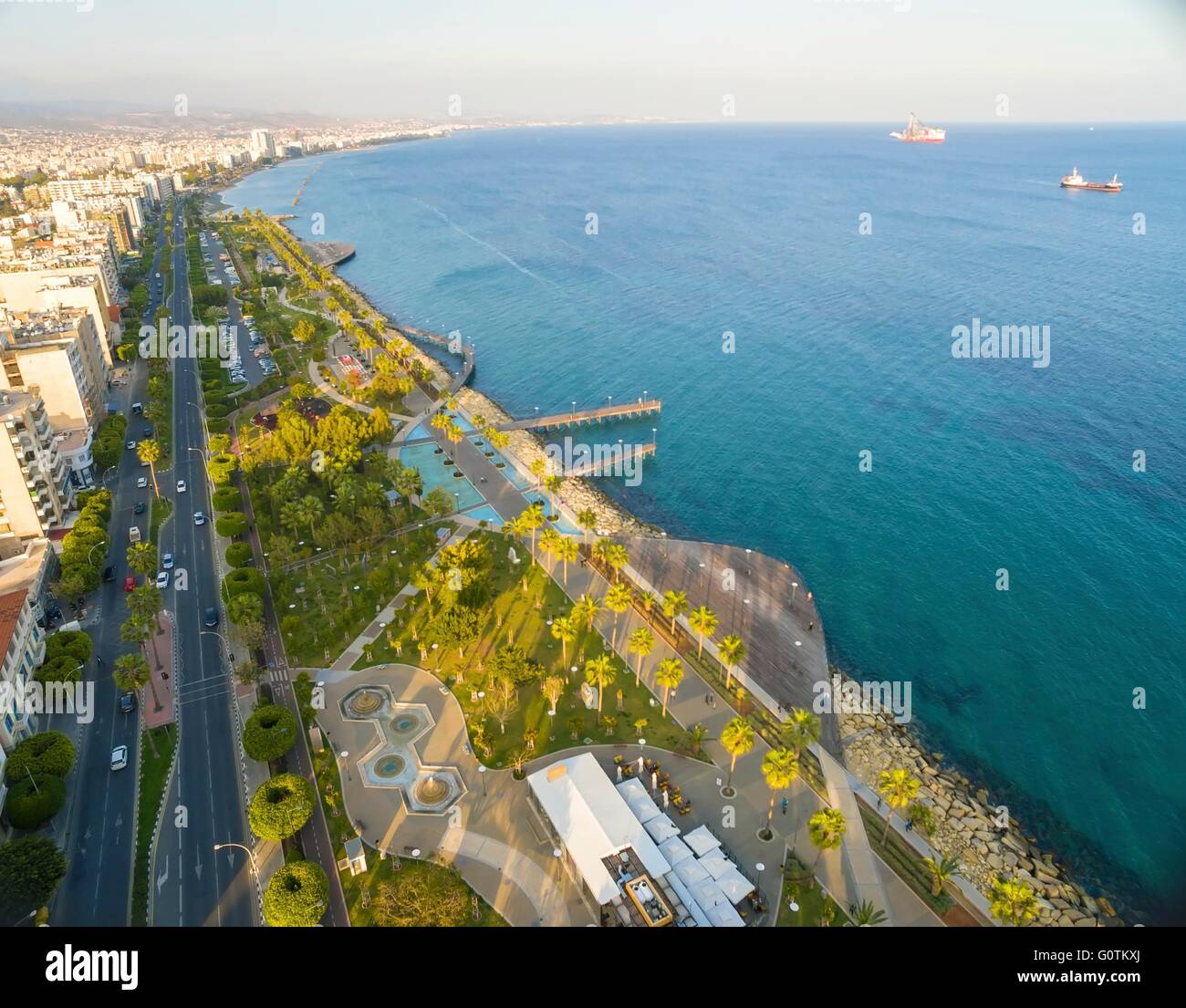 Aerial view of Molos Promenade on the coast of Limassol city in Cyprus ...