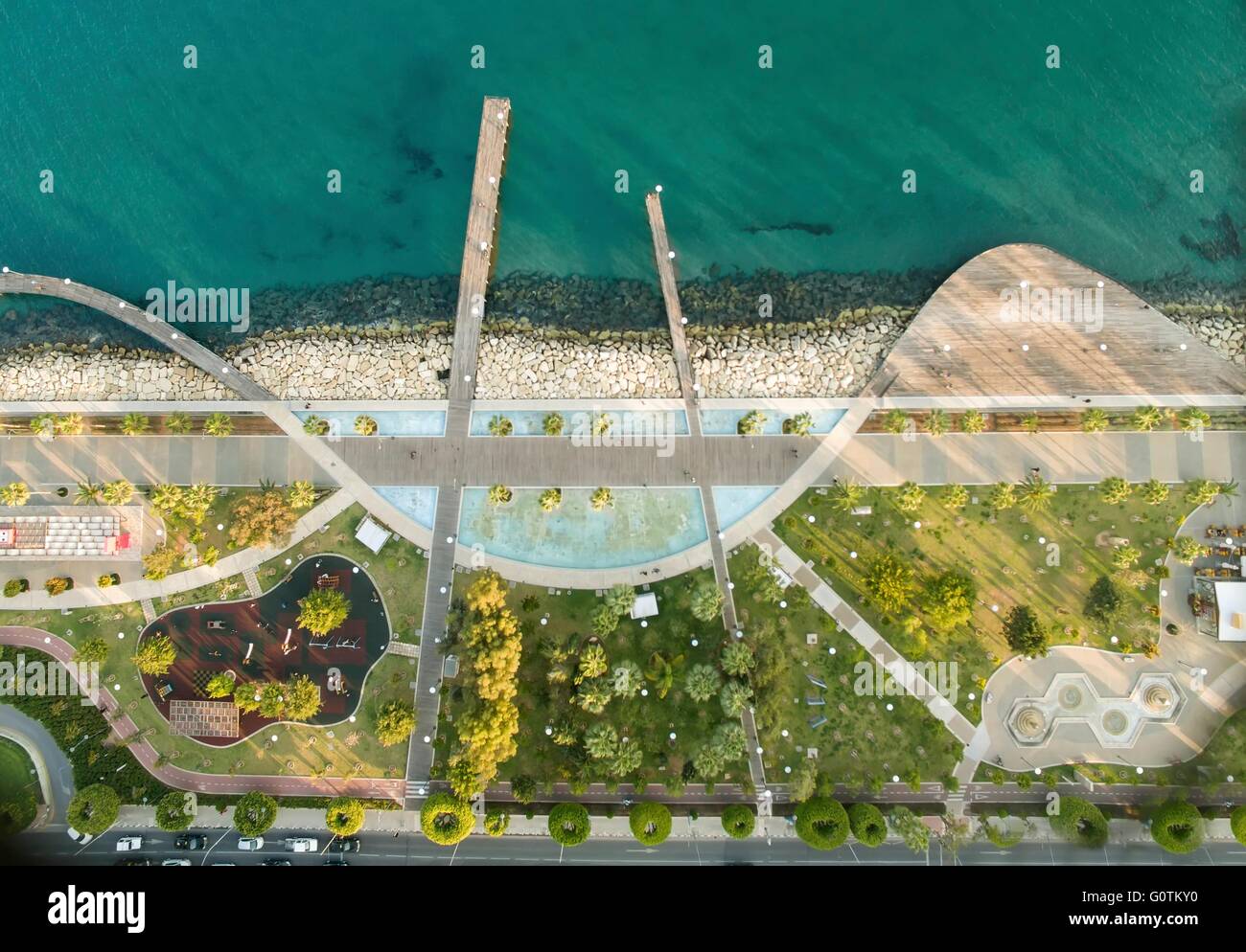 Aerial view of Molos Promenade on the coast of Limassol city in Cyprus ...