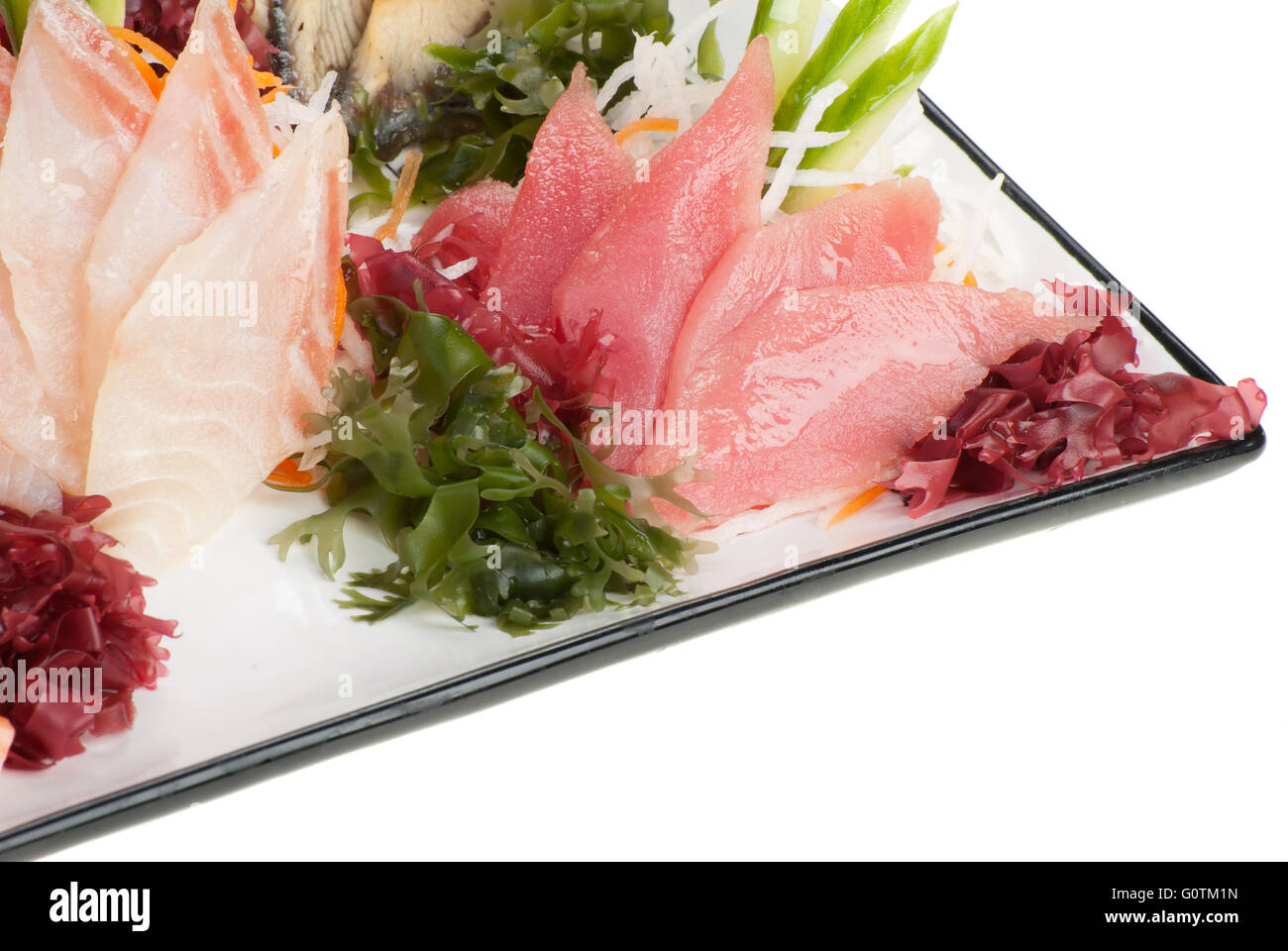 Set of Sashimi on Daikon with Seaweed, Cucumber Stock Photo - Alamy