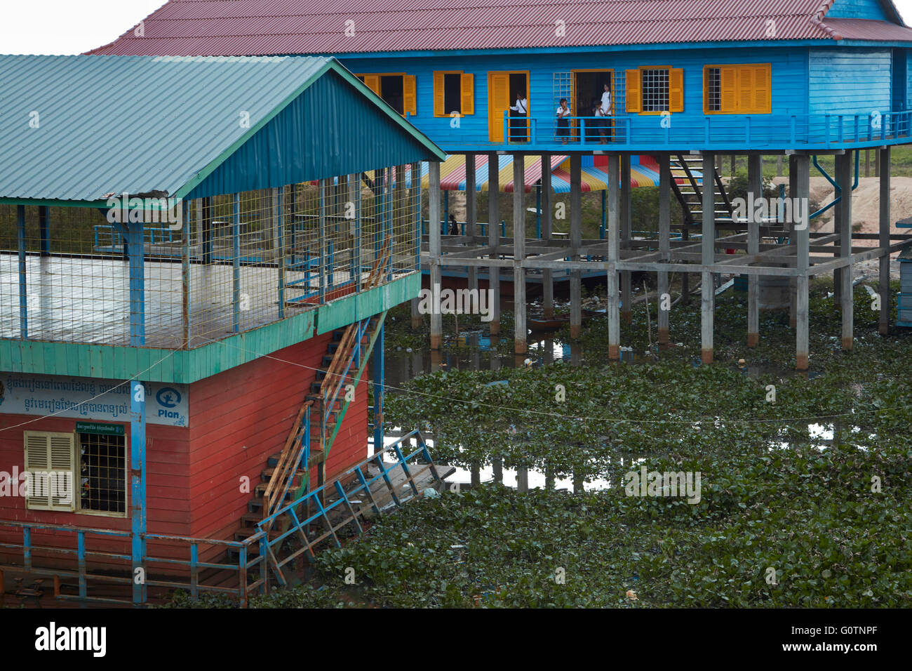 Floating playing court and stilt school, Port of Chong Khneas, Siem ...