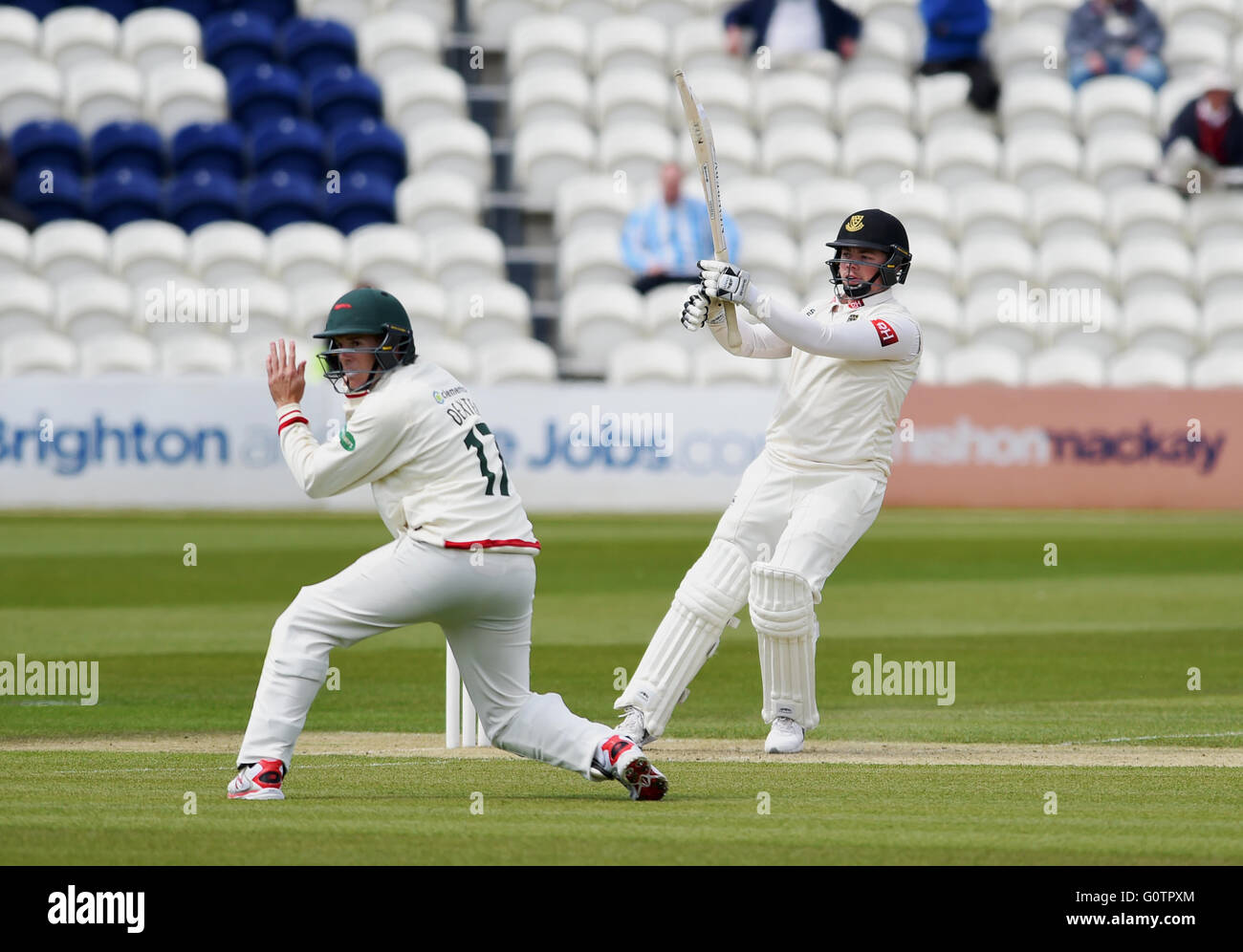 Sussex's Matt Machan hooks the ball past Leicestershire's close in ...