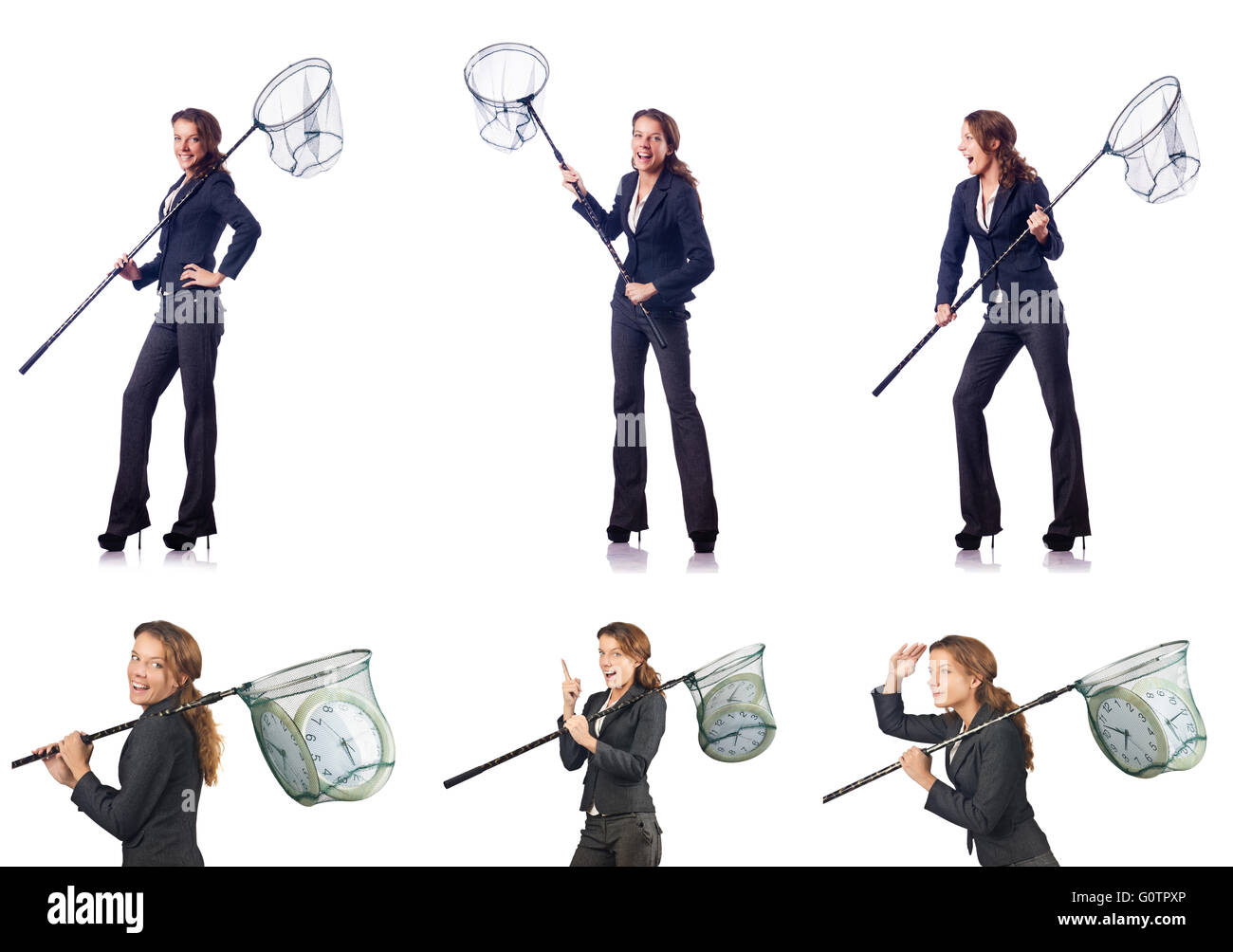 Woman with catching net and clock Stock Photo - Alamy