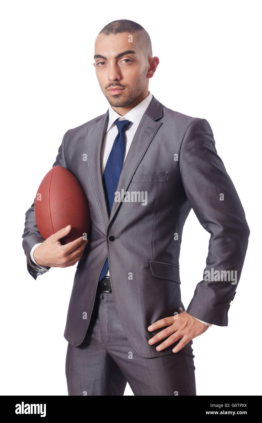 Man with american football ball isolated on white Stock Photo - Alamy