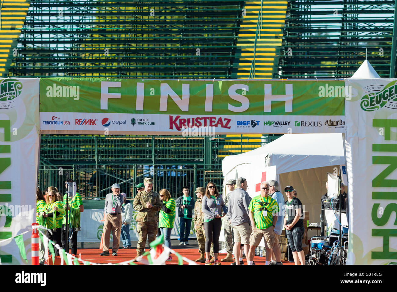 EUGENE, OR - MAY 1, 2016: Finish line at Hayward Field during the 2016 ...