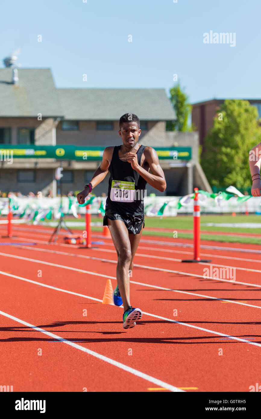 EUGENE, OR - MAY 1, 2016: Runner approaching the finish line on the ...