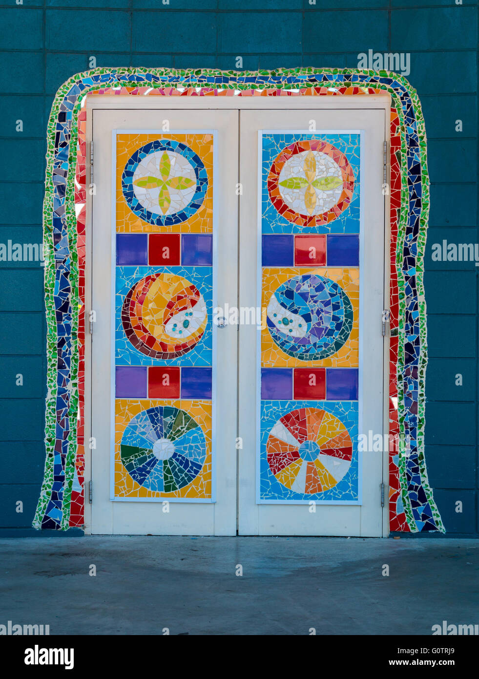 Doors with wonderful and bright colors in this ceramic artwork Stock ...