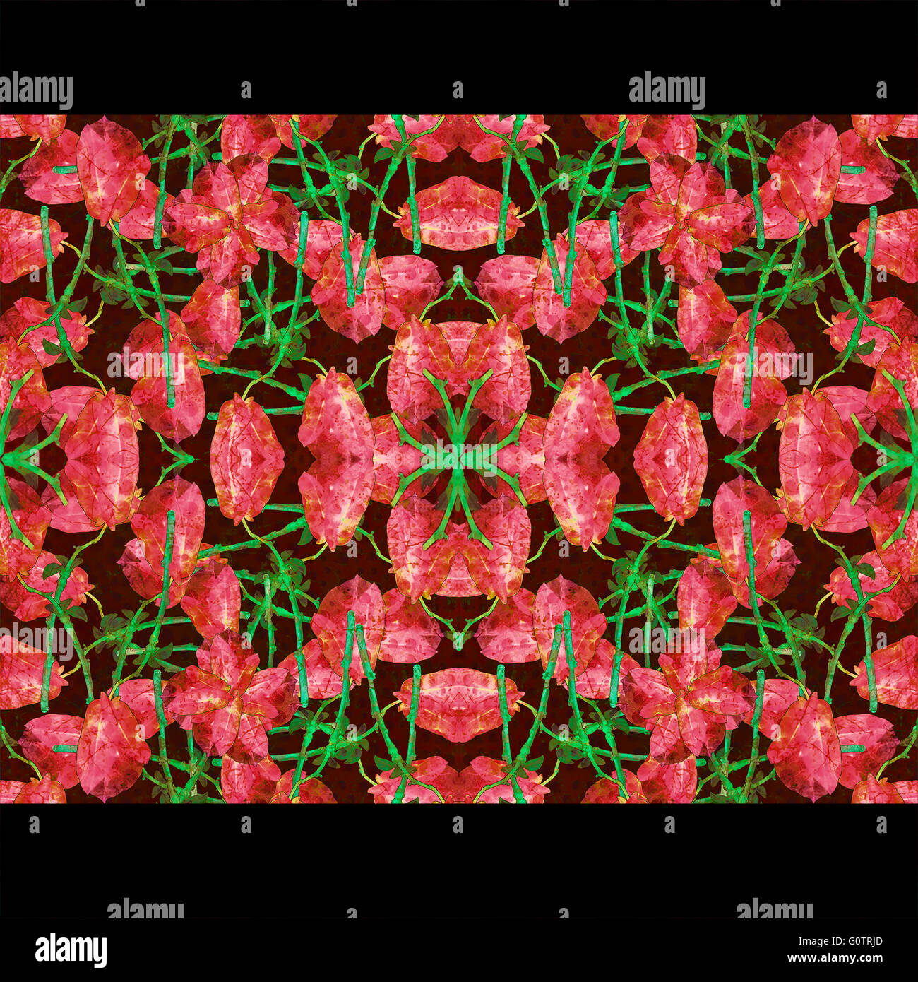 Black background with floral collage pattern design borders in red and ...