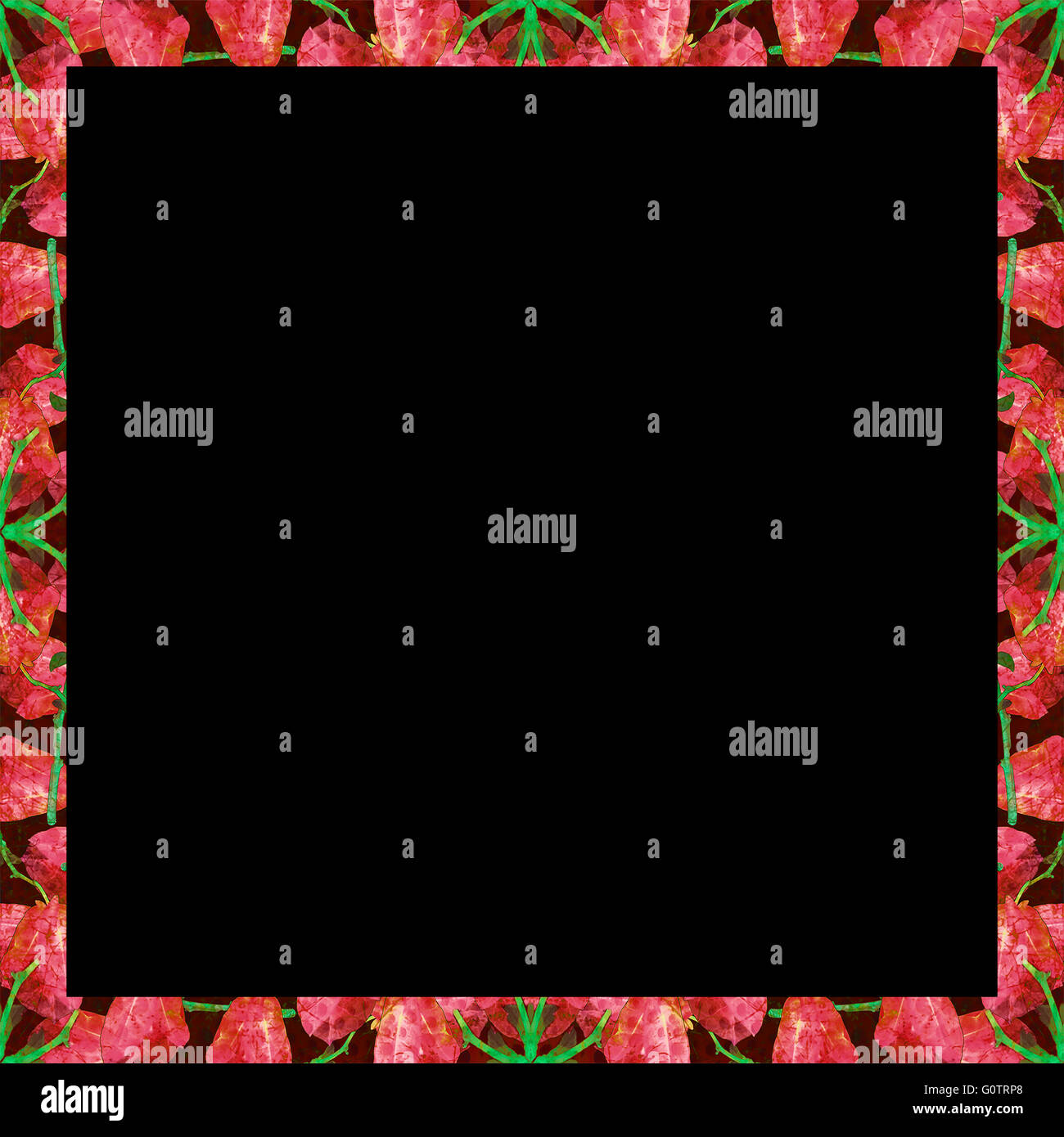 Black background with floral collage pattern design borders in red and ...