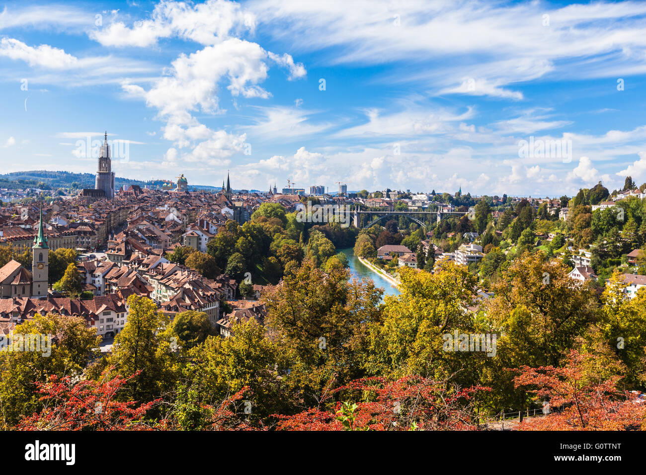 Panorama view of Berne old town from mountain top in rose garden Stock ...