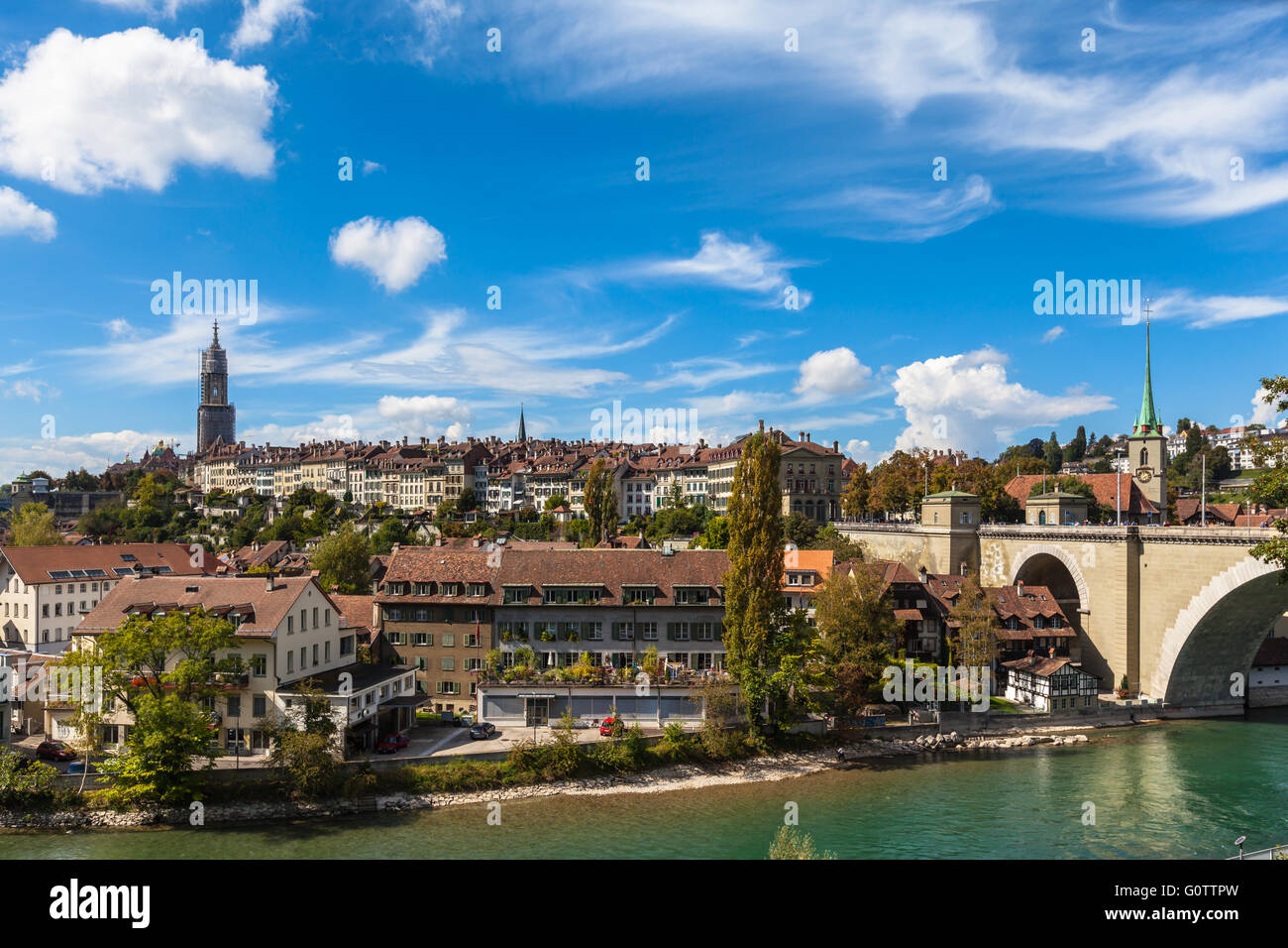 View of the Berne Old Town on the riverside of Aare in summer, Bern ...