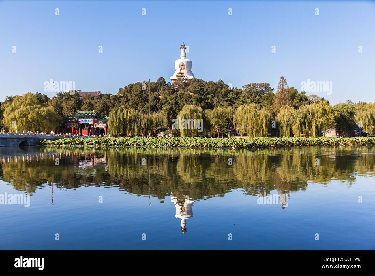 The white tower and its reflection in Beihai lake. Photo shot in autumn ...