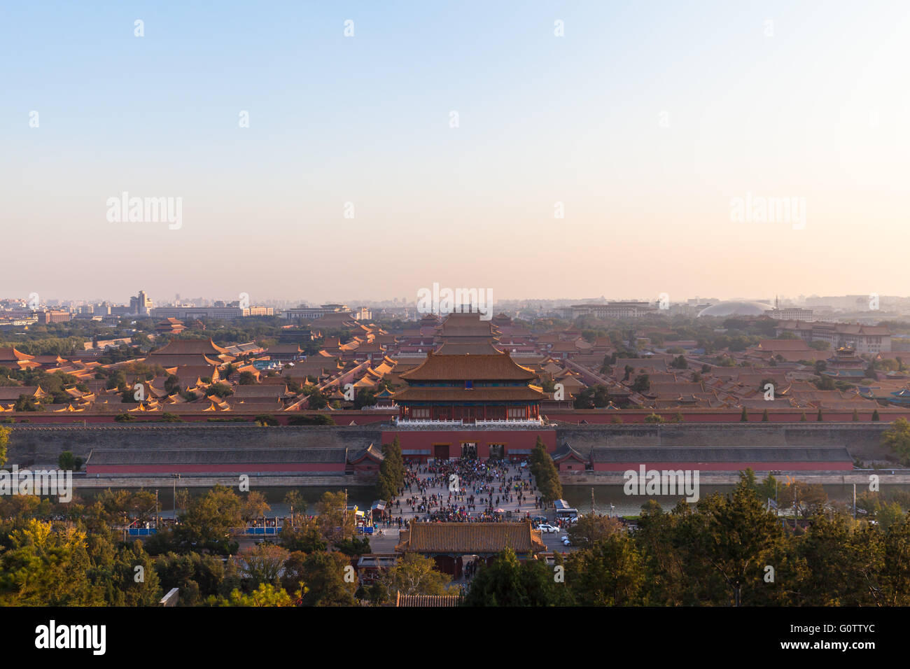 Aerial view of Forbidden City in Peking from top of Jingshan Hill at ...