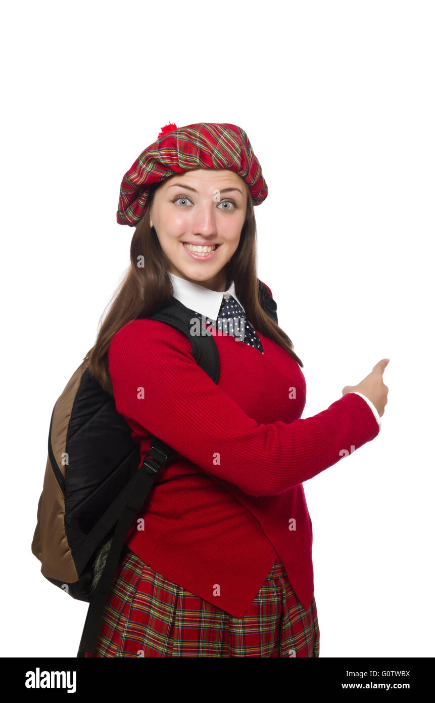 Girl in scottish tartan clothing isolated on white Stock Photo - Alamy