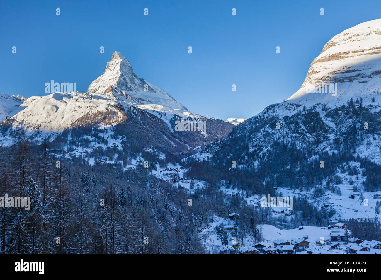 Stunning view of Matterhorn above Zermatt in winter in the morning ...