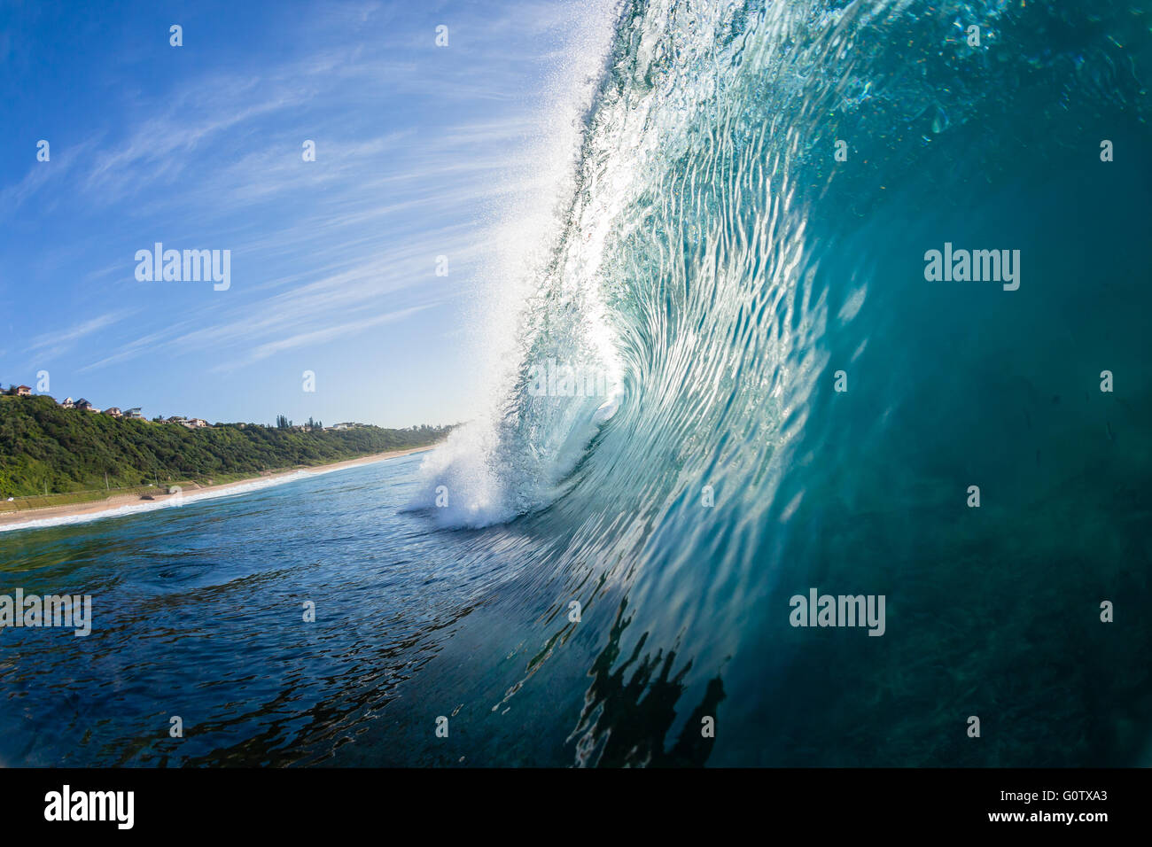 Ocean blue wave crashing swimming inside closeup encounter of water ...