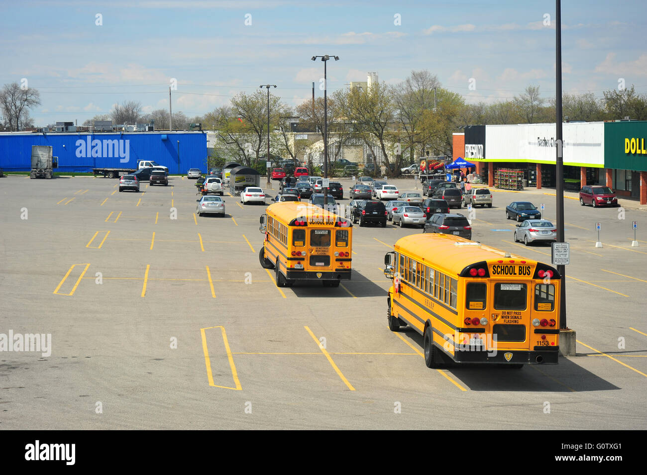 North American school buses waiting in a car park in Canada Stock Photo ...