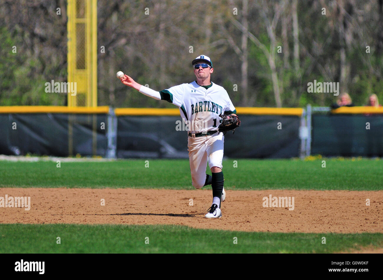 After fielding a ground ball, a shortstop throws on to first base to ...