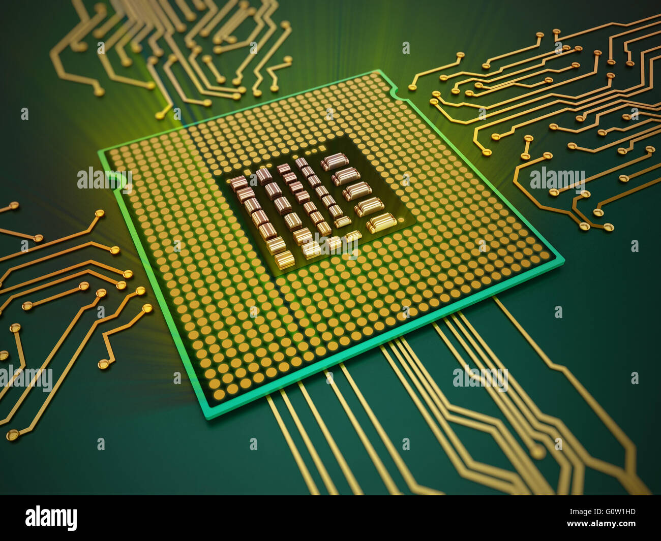CPU standing on circuit board emits green light rays Stock Photo - Alamy
