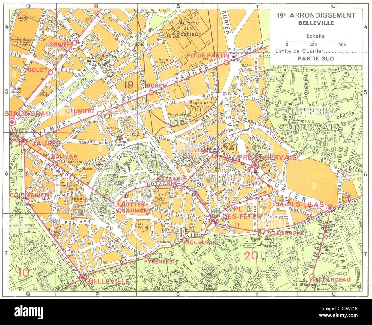 PARIS: 19e Arrondissement Belleville, 1920 vintage map Stock Photo - Alamy