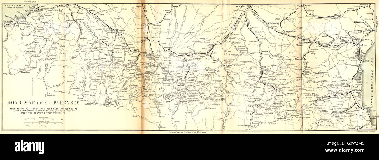 PYRENEES: Road map; rivers, peaks, passes & baths grande route Thermale ...