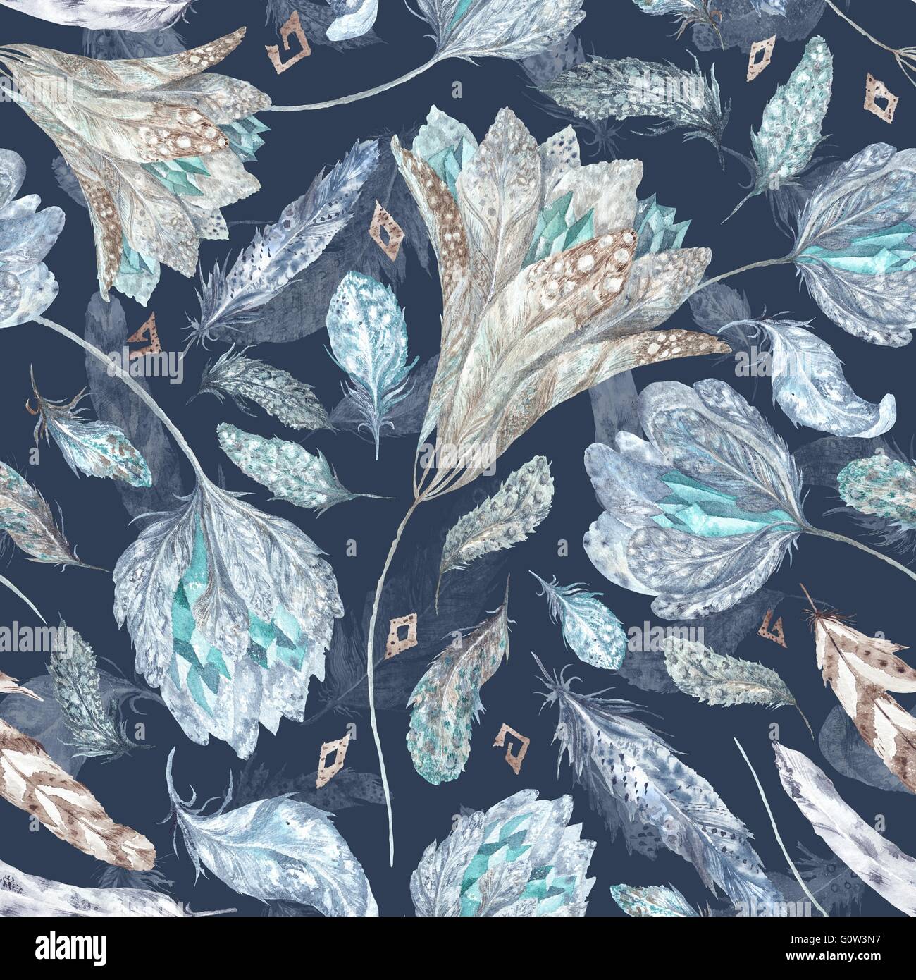 Seamless texture with feathers, flowers and crystals isolated on dark ...