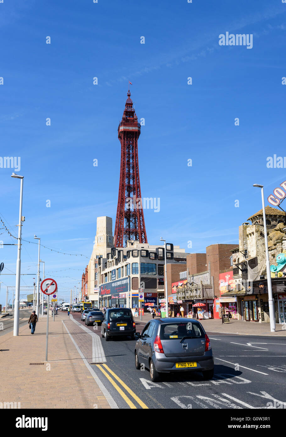 View north along the promenade towards the iconic Blackpool Tower in ...