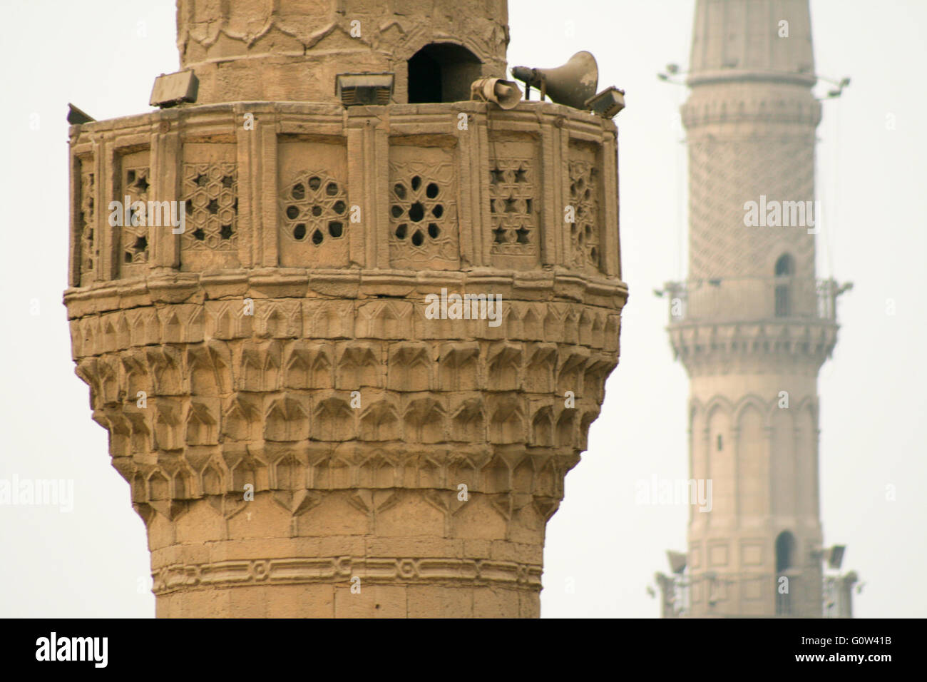 Two minarets, one close, one distant, Al-Azhar mosque, Cairo, Egypt ...