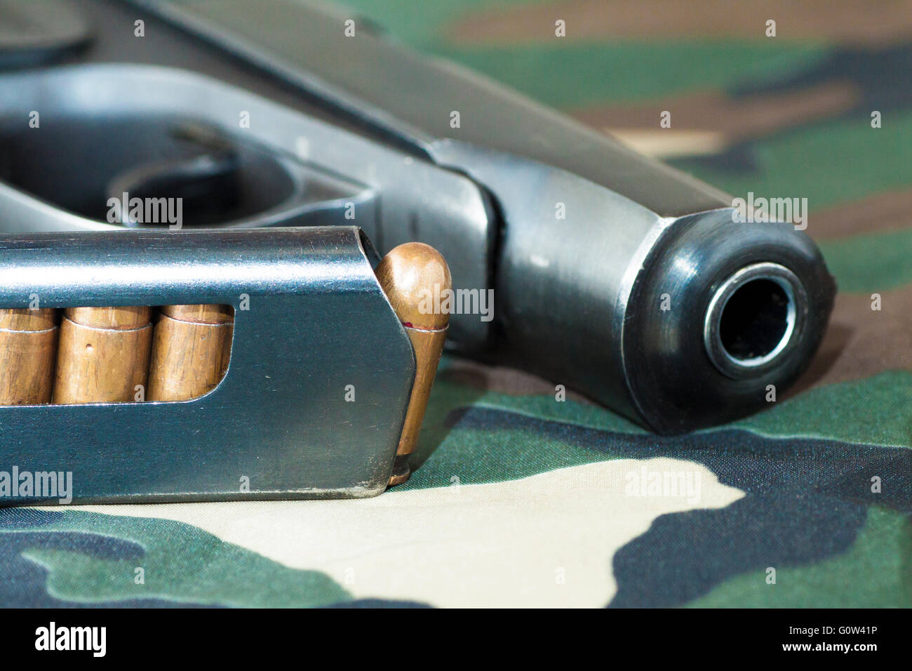 Firearm Pistol Clip And Hand Gun Ammunition on military camouflage ...