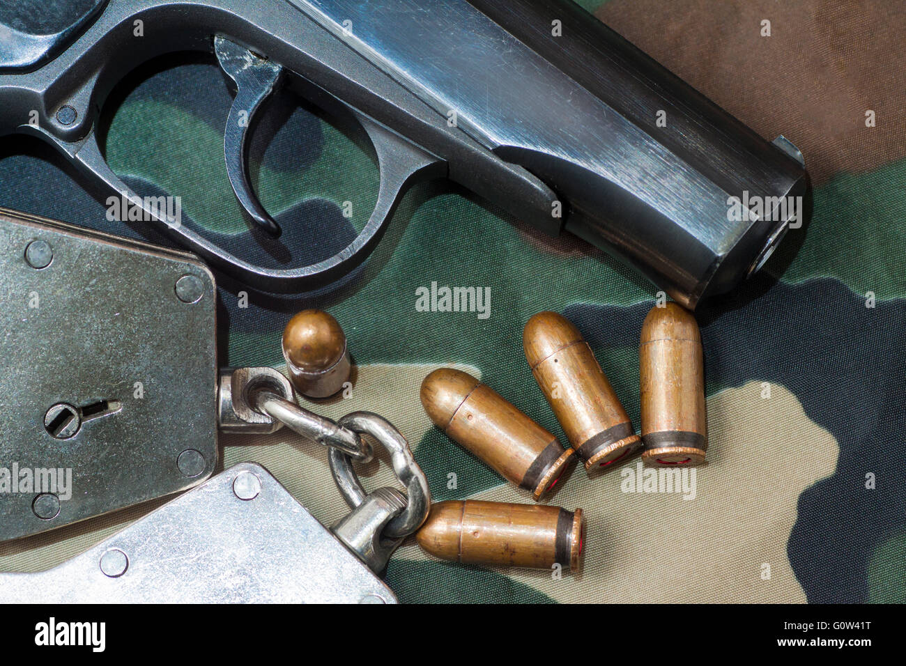 Firearm Pistol Clip And Hand Gun Ammunition on military camouflage ...