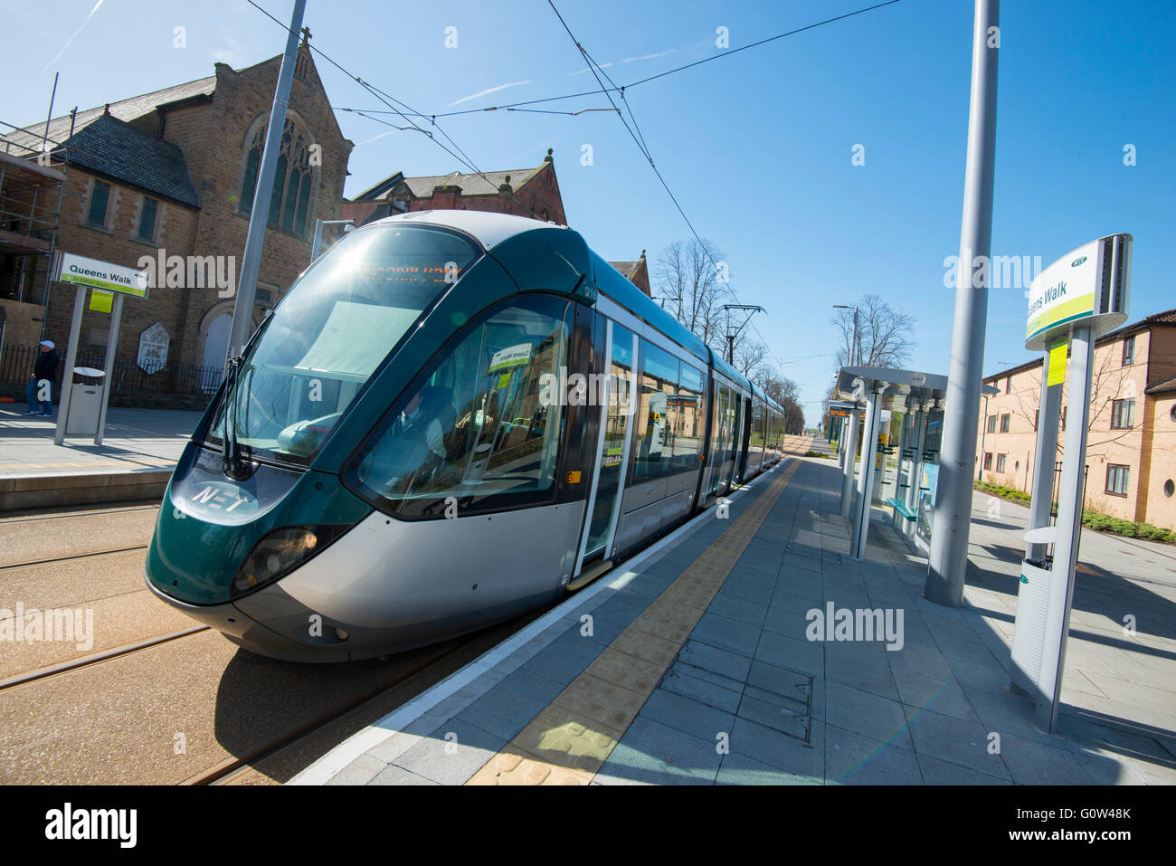 Tram at the Queens Walk stop in the Meadows, Nottingham Nottinghamshire ...