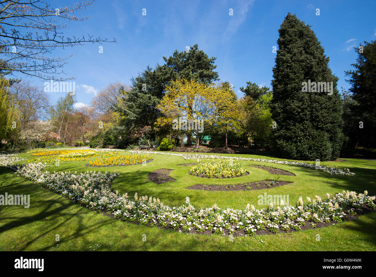 Spring flower beds at the Arboretum City Park in Nottingham ...
