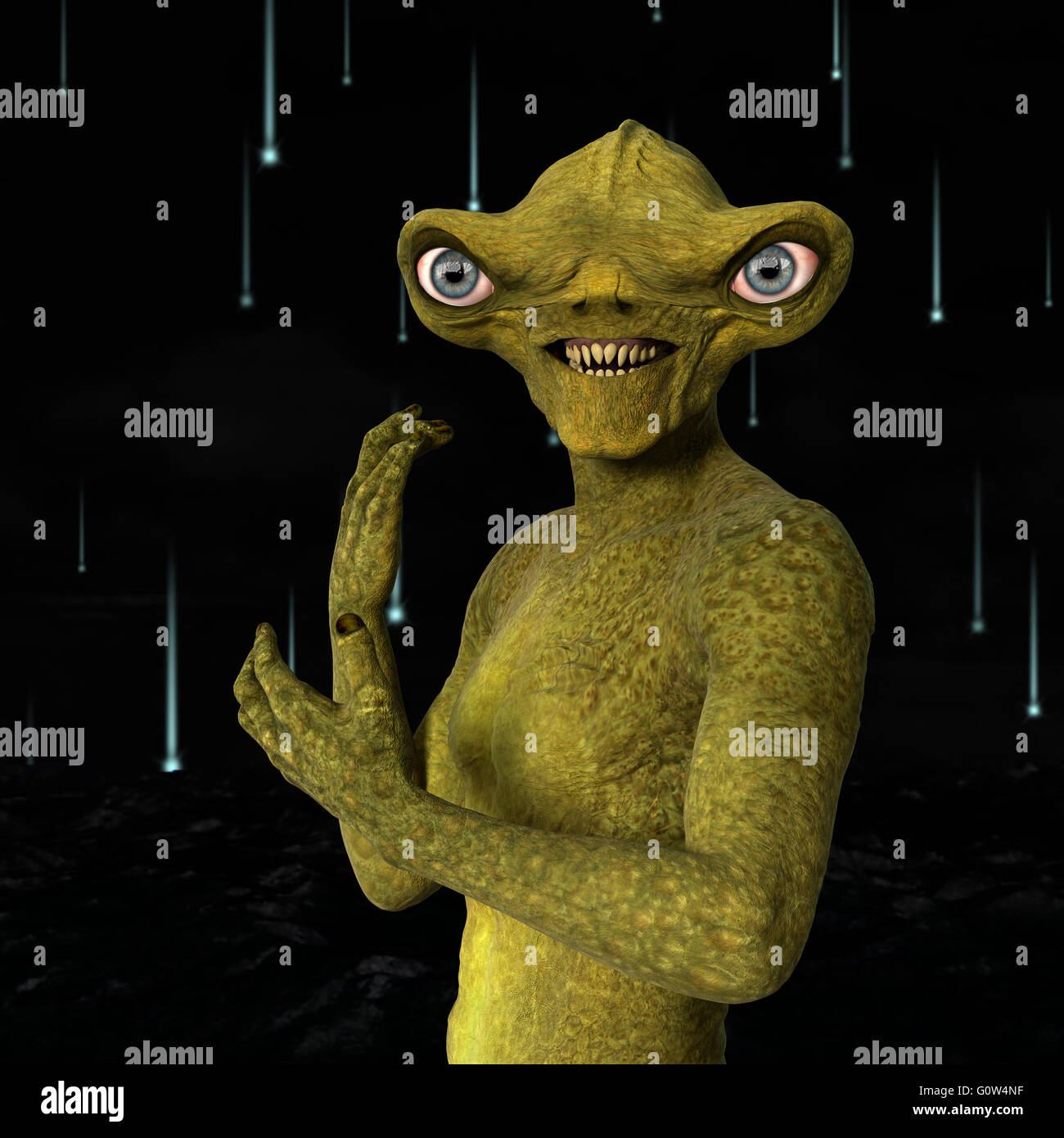 3D rendering of a green alien on a night sky background Stock Photo - Alamy