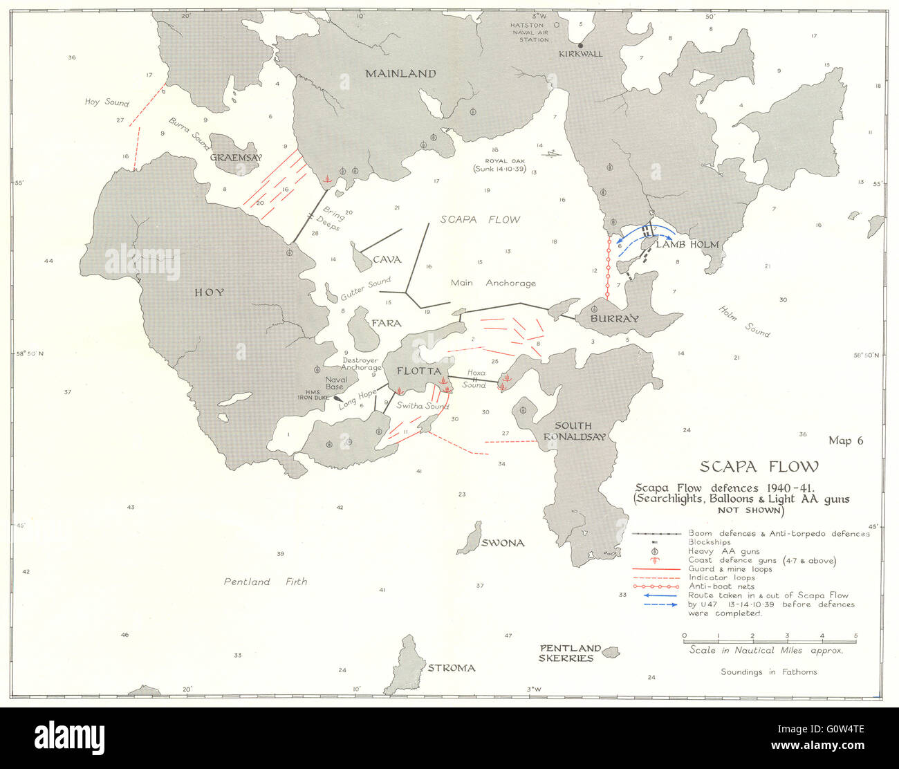 SCOTLAND: Scapa flow defences 1940-41, 1954 vintage map Stock Photo - Alamy