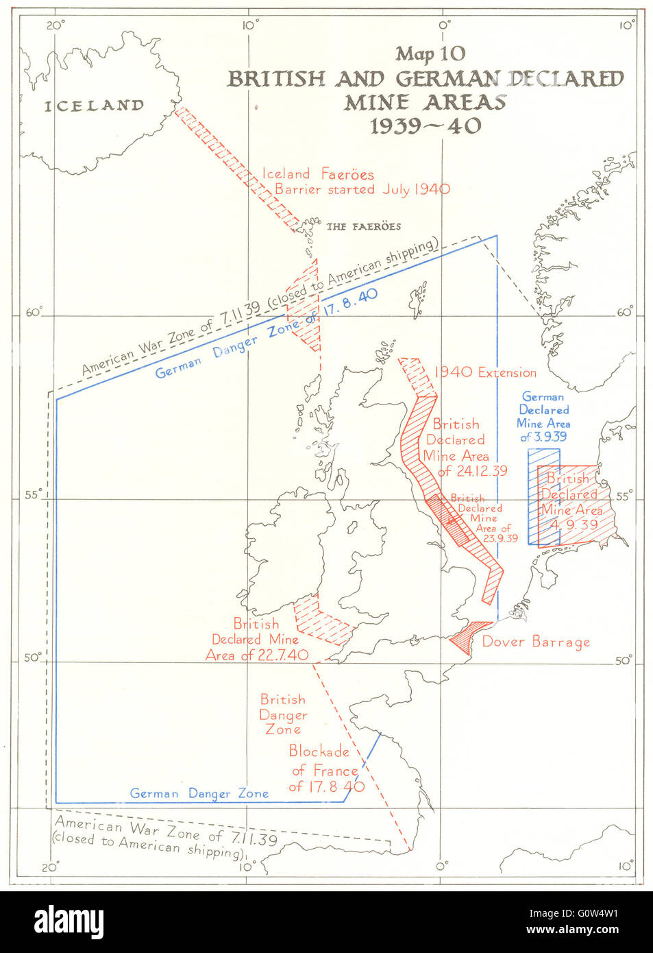 EUROPE: British and German declared mine areas, 1939-40, 1954 vintage ...