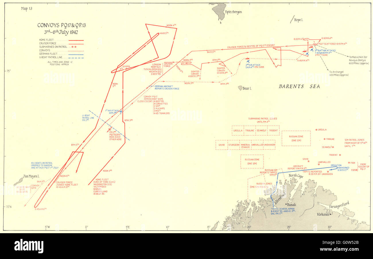 ARCTIC: Convoys PQ 17 & QP 13 3rd-6th July 1942, 1956 vintage map Stock ...