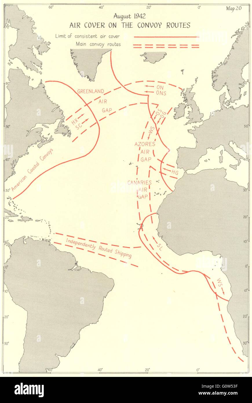 BATTLE OF THE ATLANTIC: 2nd campaign: Aug 1942 Air cover convoy routes ...