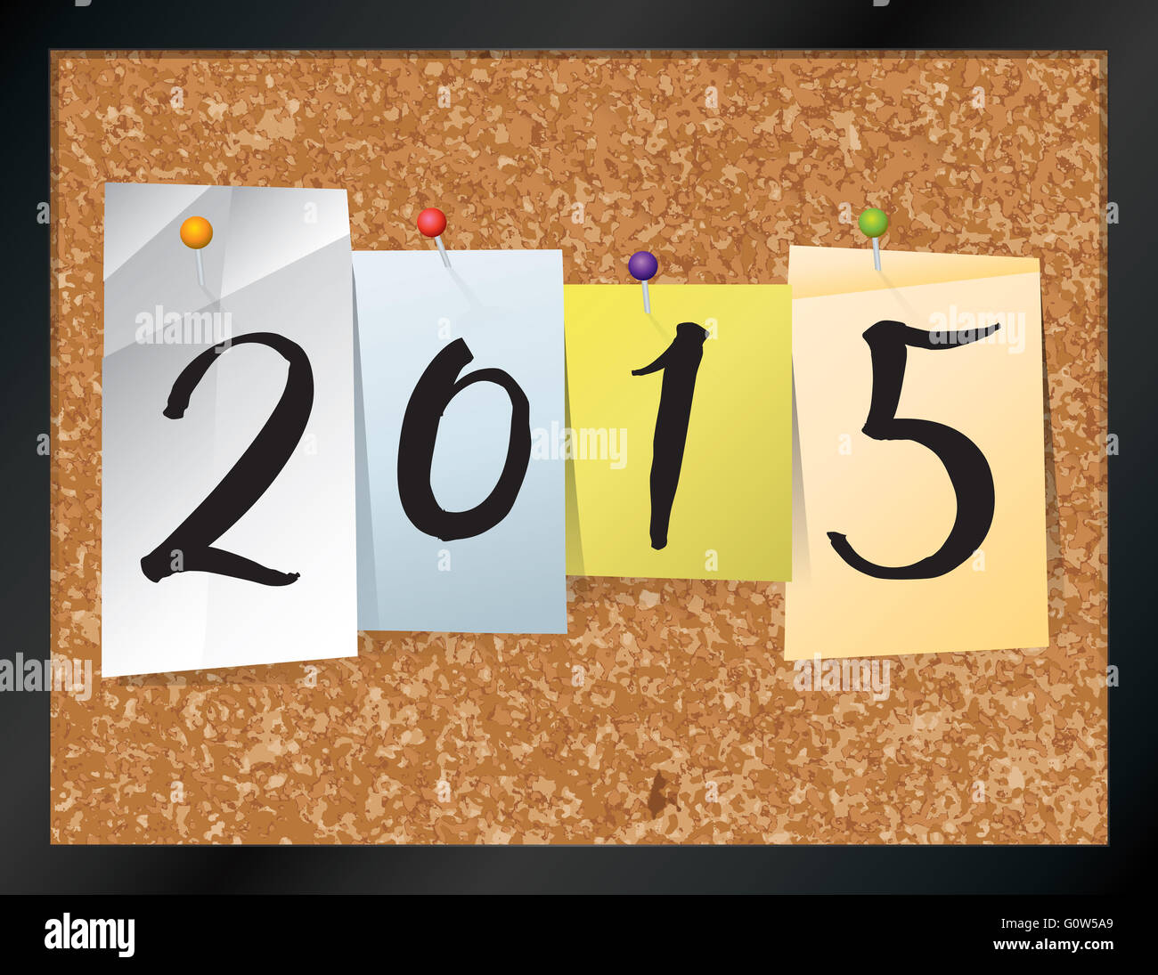 An illustration of the year "2015" written on pieces of colored paper ...