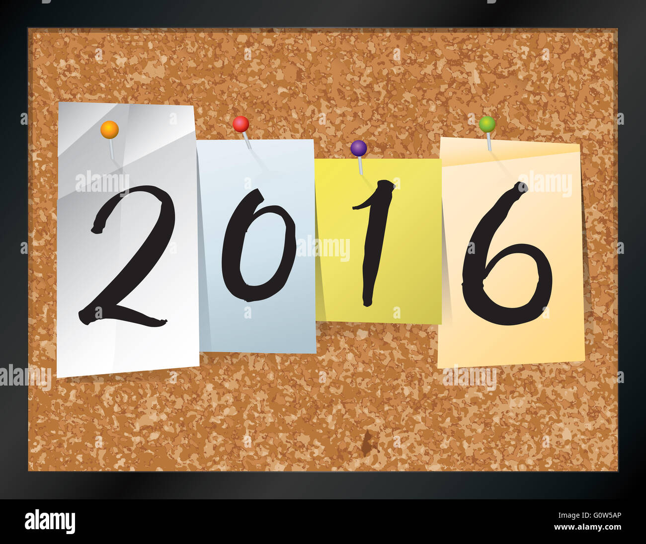 An illustration of the year "2016" written on pieces of colored paper ...